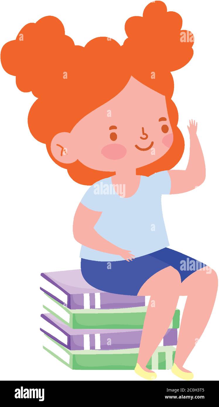little student girl sitting on stack of books cartoon school isolated ...