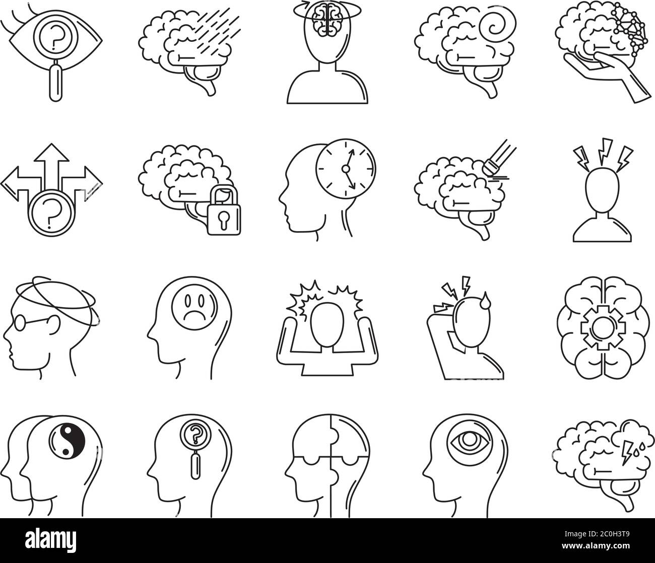 alzheimer disease, decrease in mental human ability icons set vector ...