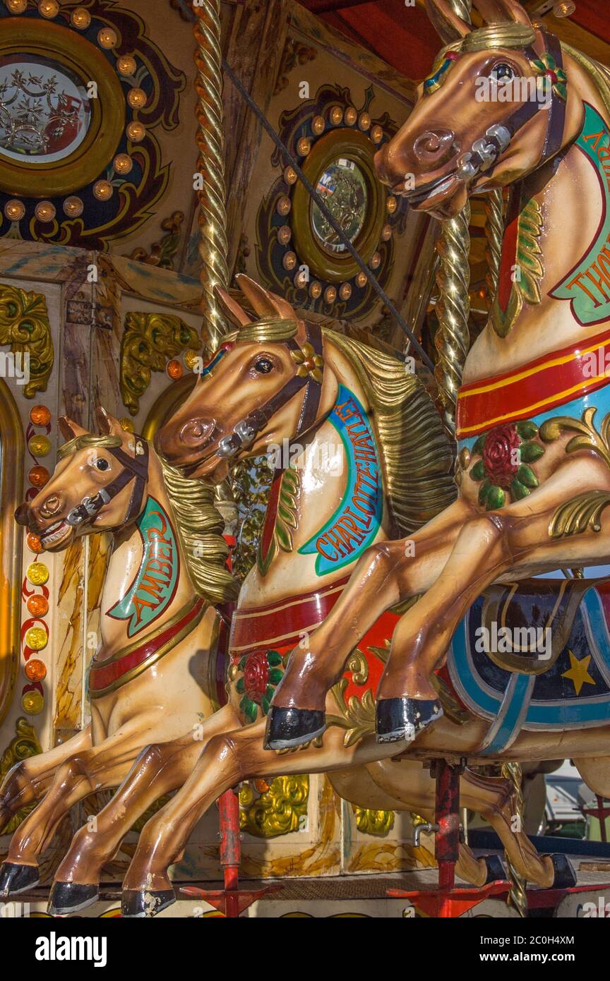 Basingstoke, UK - October 16, 2011: Trio of steam galloper carousel ...