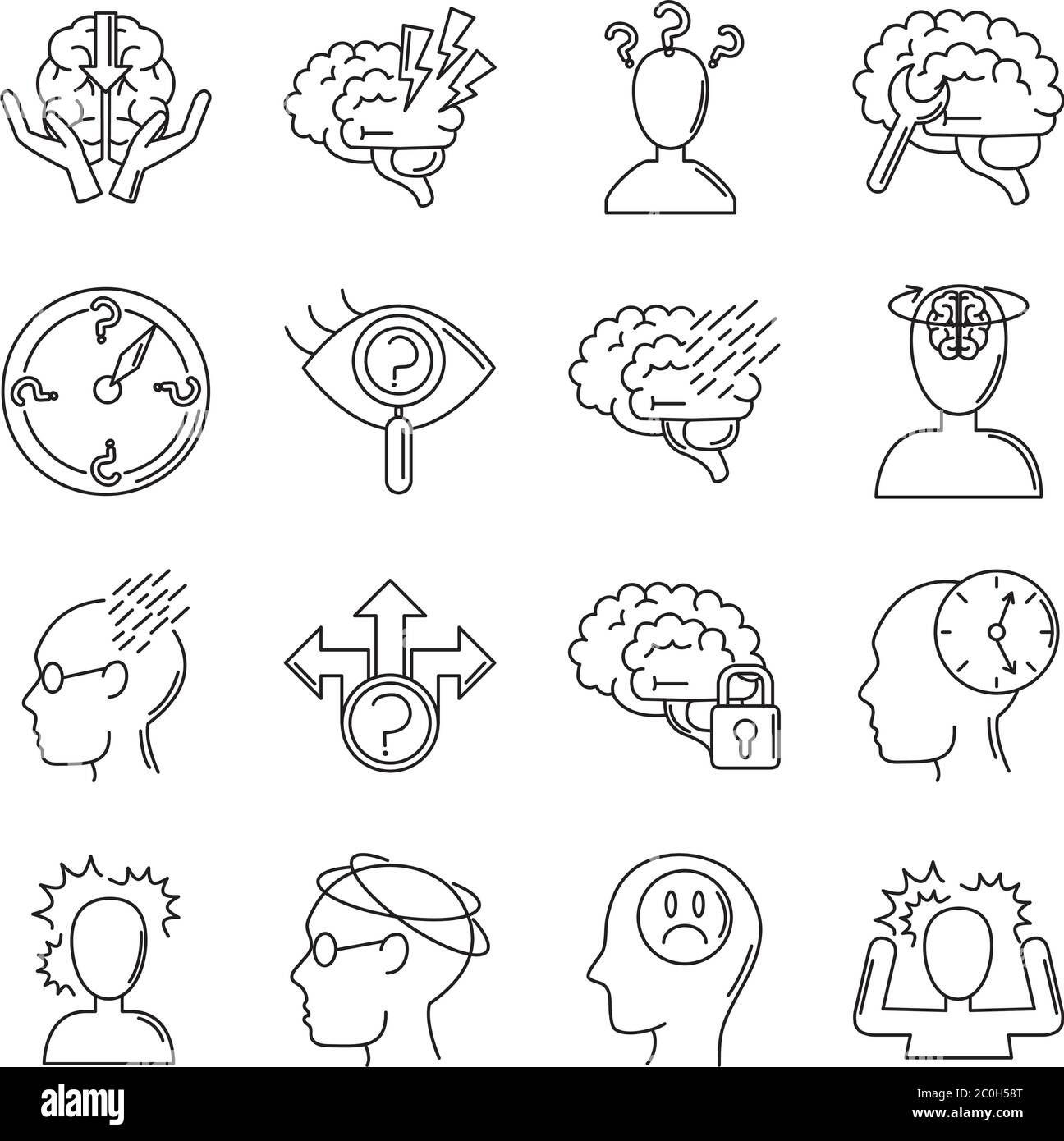 alzheimer disease, decrease in mental human ability icons set vector ...