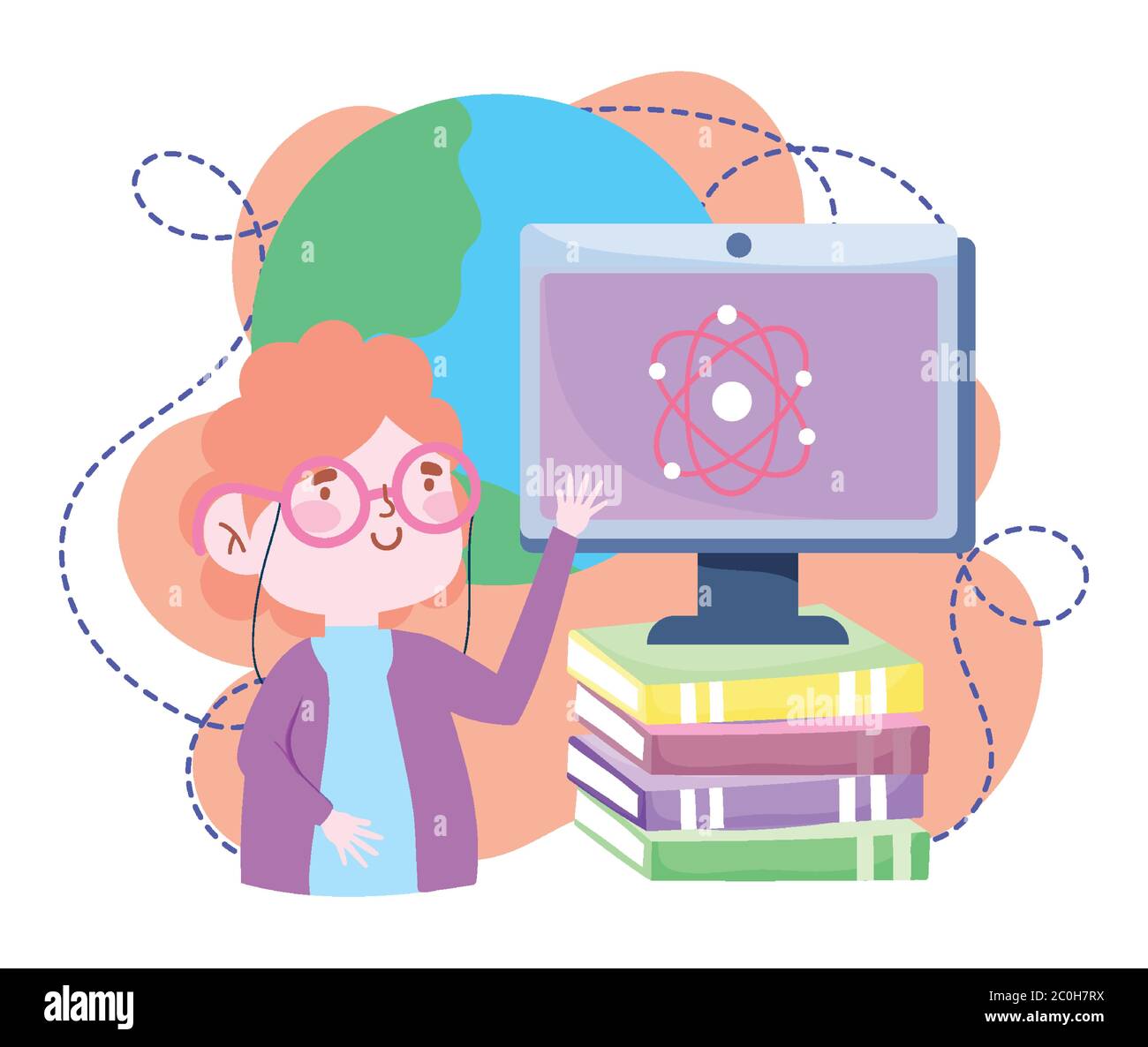 online education, teacher computer explain class science with books ...