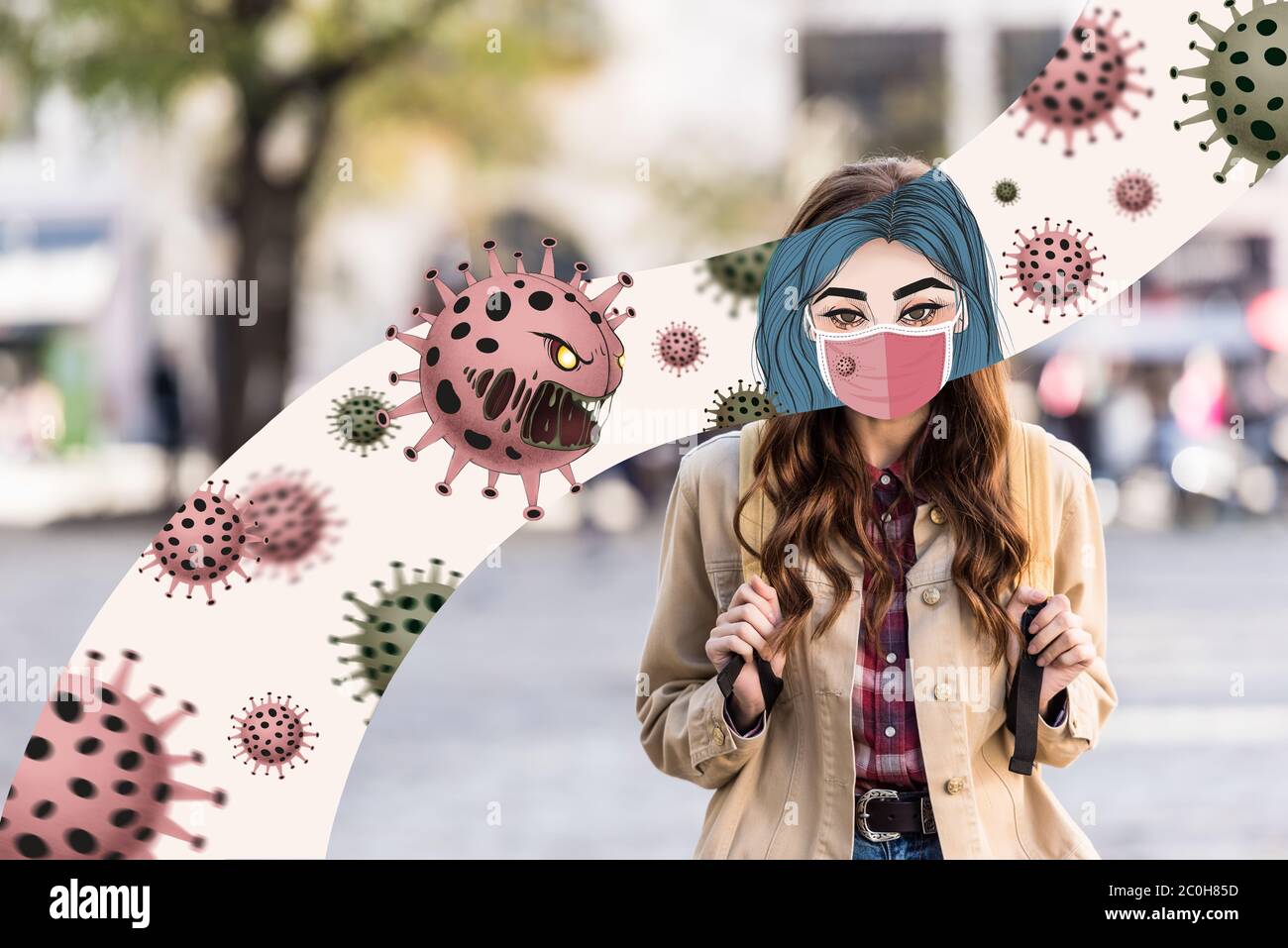 girl with illustrated face in mask and backpack in city with bacteria ...