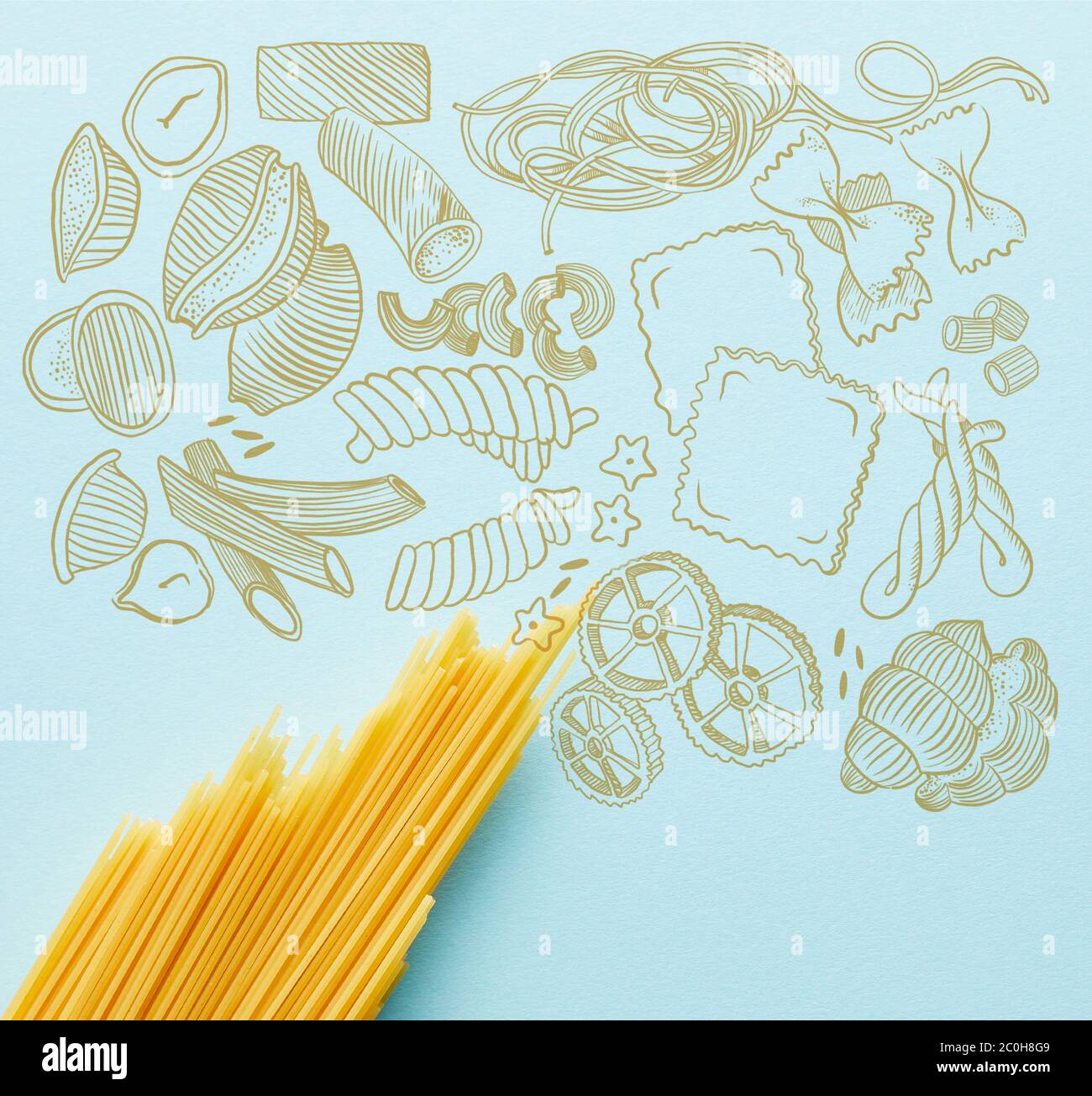 top view of raw spaghetti on blue background with food illustration ...