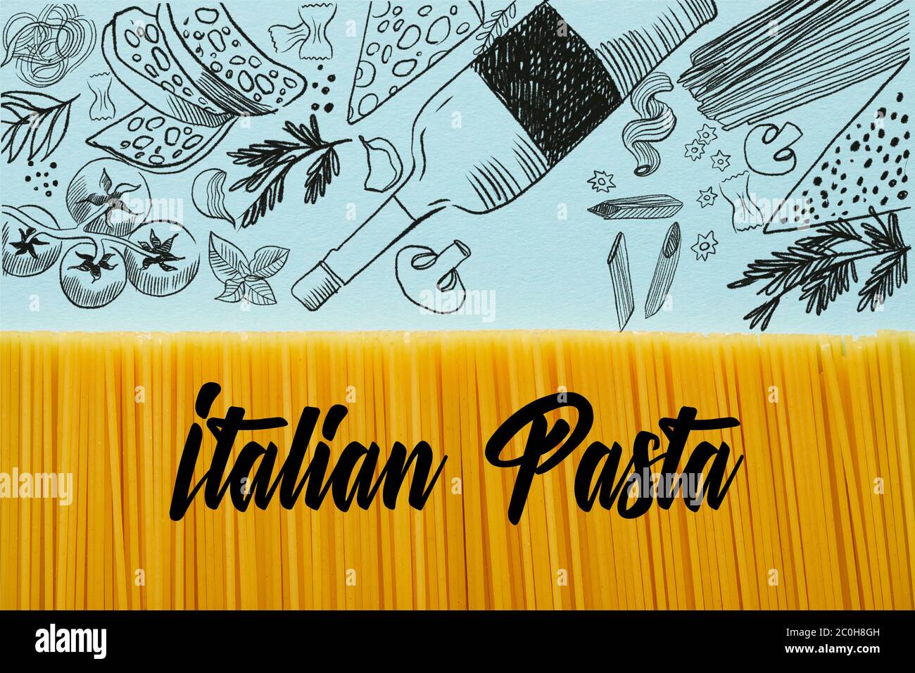 top view of raw spaghetti on blue background with Italian pasta ...