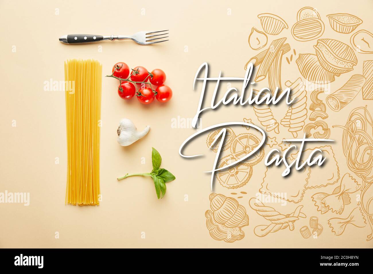 flat lay with delicious spaghetti with tomato sauce ingredients on ...