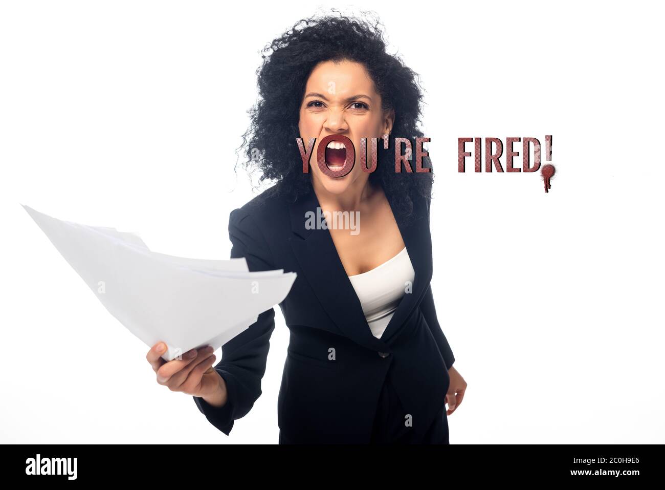 Angry african american businesswoman with papers yelling you are fired ...