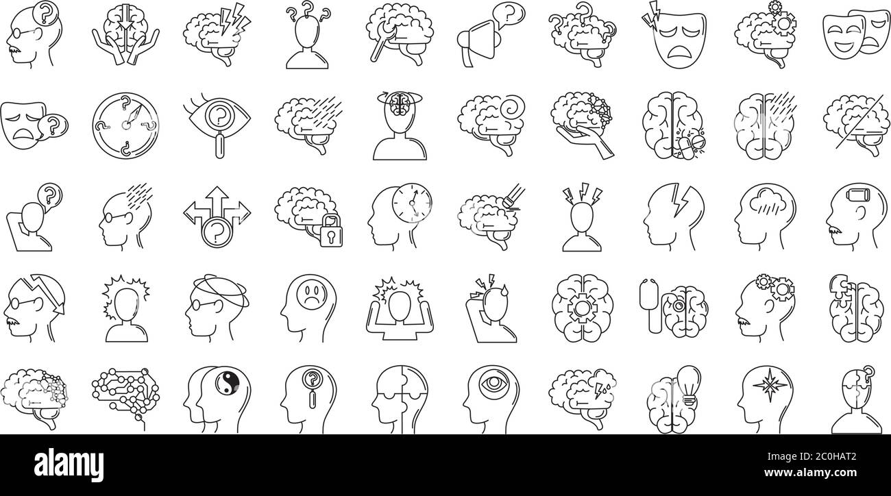 alzheimer disease, decrease in mental human ability icons set vector ...