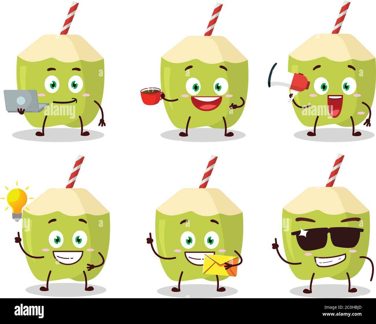 Green coconut cartoon character with various types of business ...