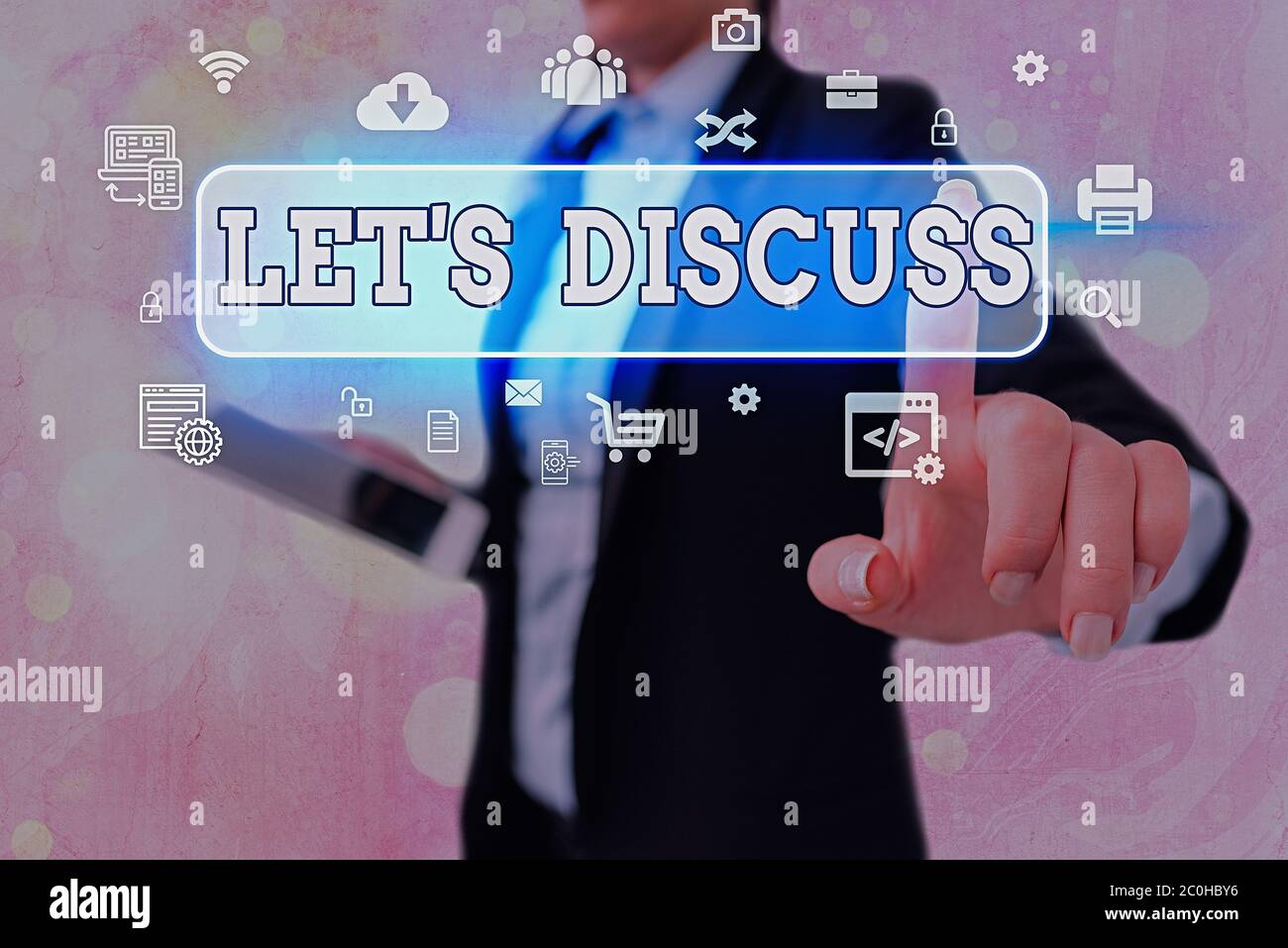 Conceptual hand writing showing Lets Discuss. Concept meaning to talk ...