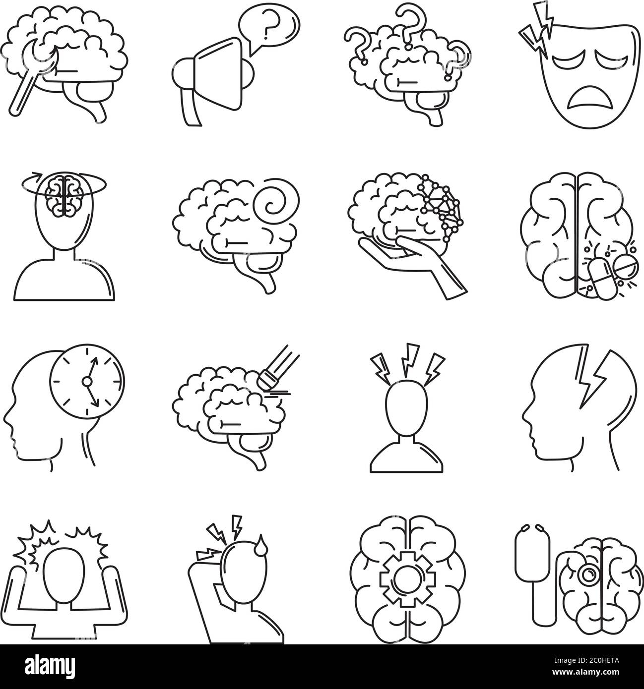 alzheimer disease, decrease in mental human ability icons set vector ...