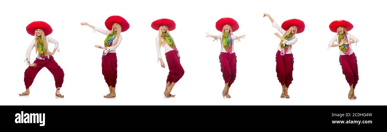The mexican girl with sombrero dancing on white Stock Photo - Alamy