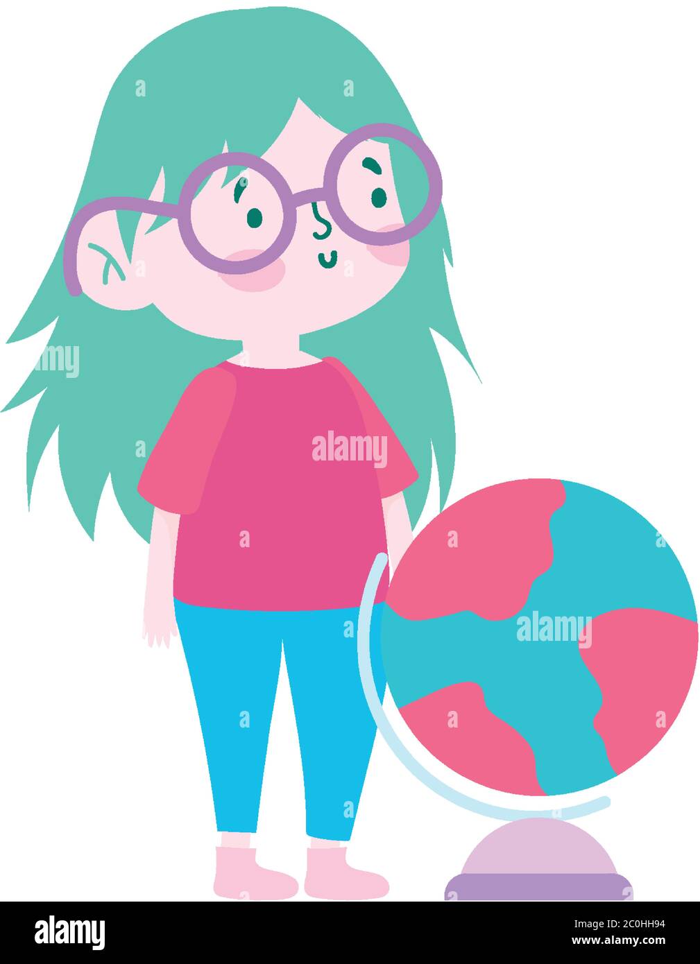 little student girl with globe map cartoon character isolated icon ...