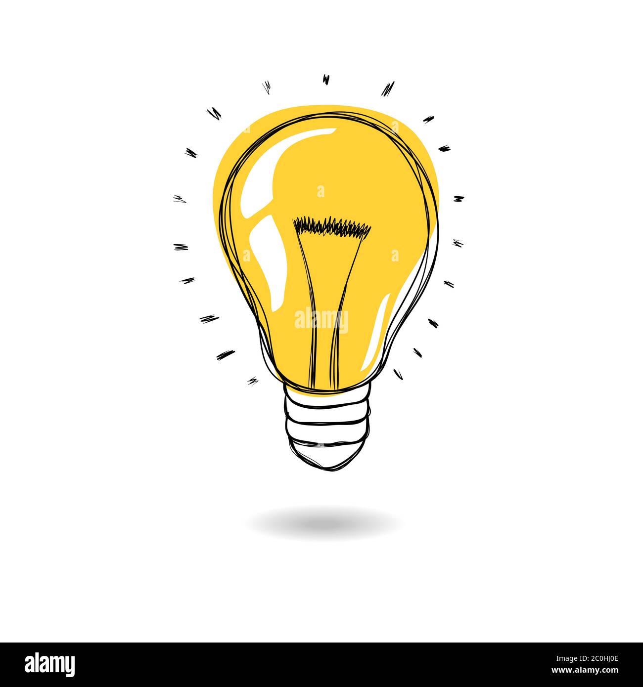 Light bulb with rays shine. Cartoon style. Flat style. Hand drawn style. Doodle style. Symbol of ...