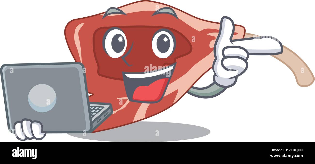 Smart cartoon character of lamb chop studying at home with a laptop ...