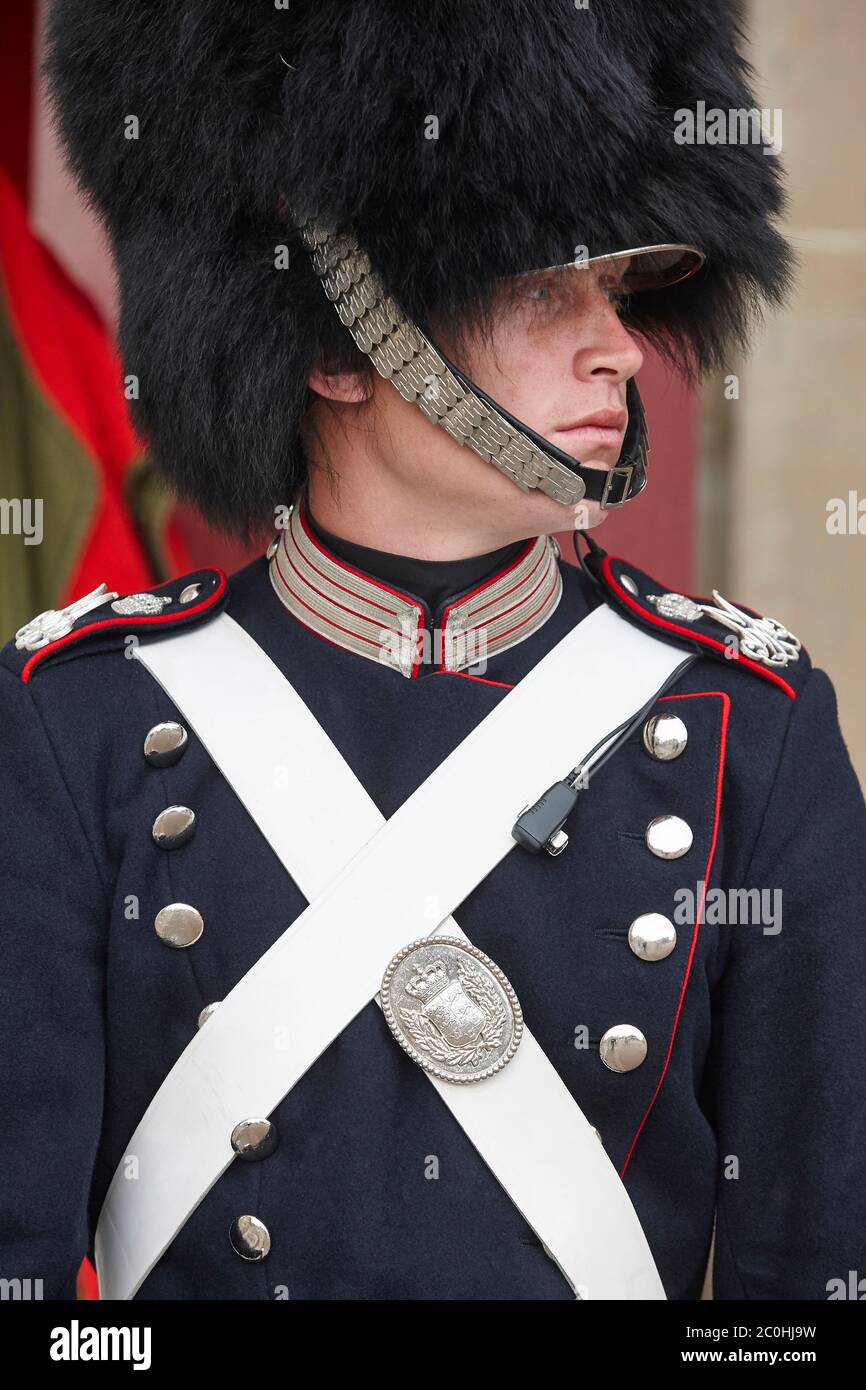 Denmark royal guard sentinel. Copenhaguen tourism landmark ceremonial ...