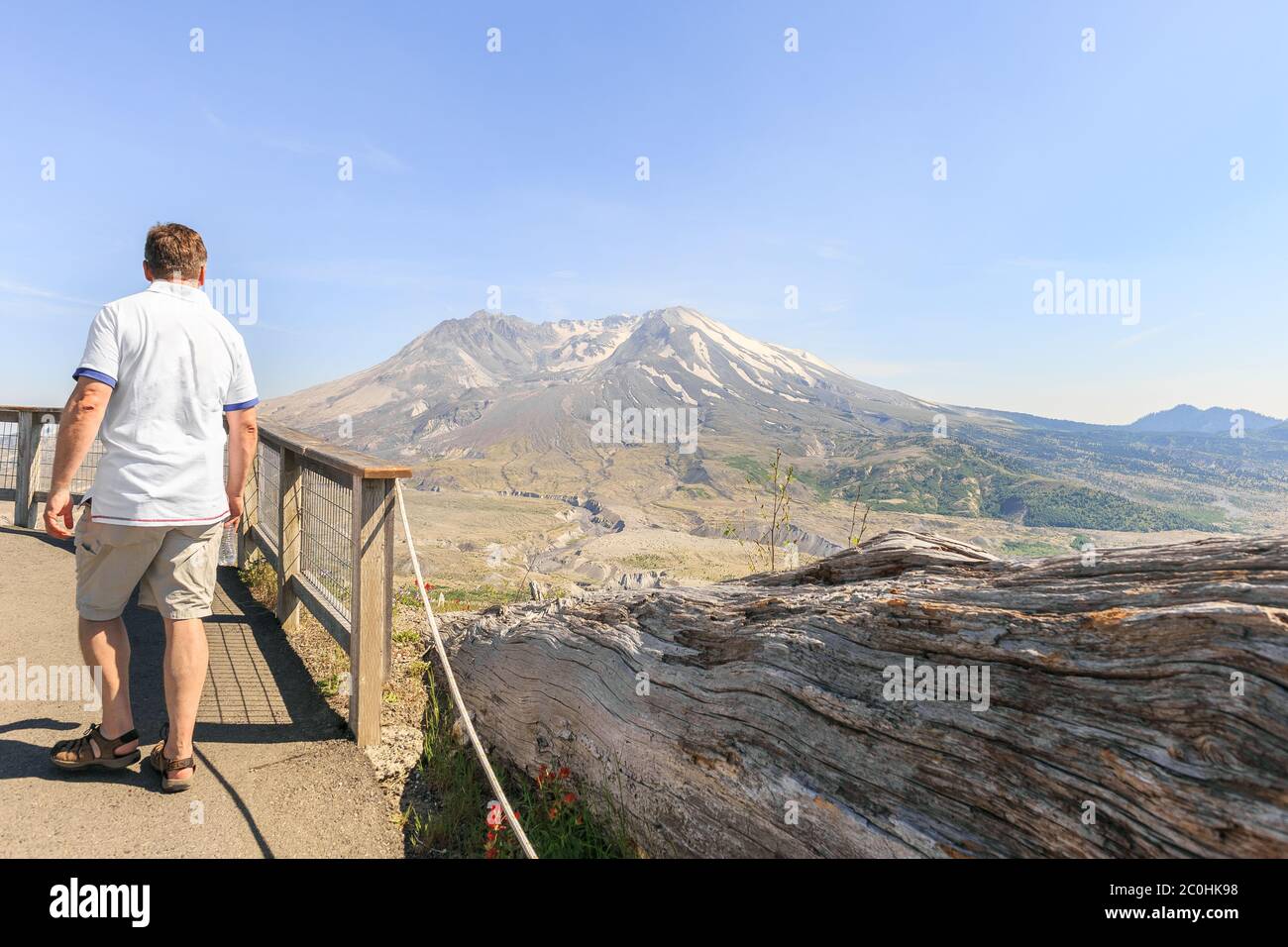 A man walking on trace and on a trekking day at Mount St. Hellens Stock ...