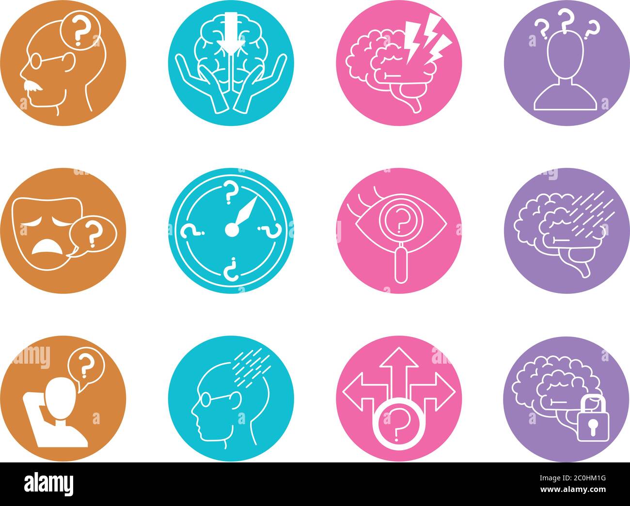 alzheimer disease, decrease in mental human ability icons set vector ...