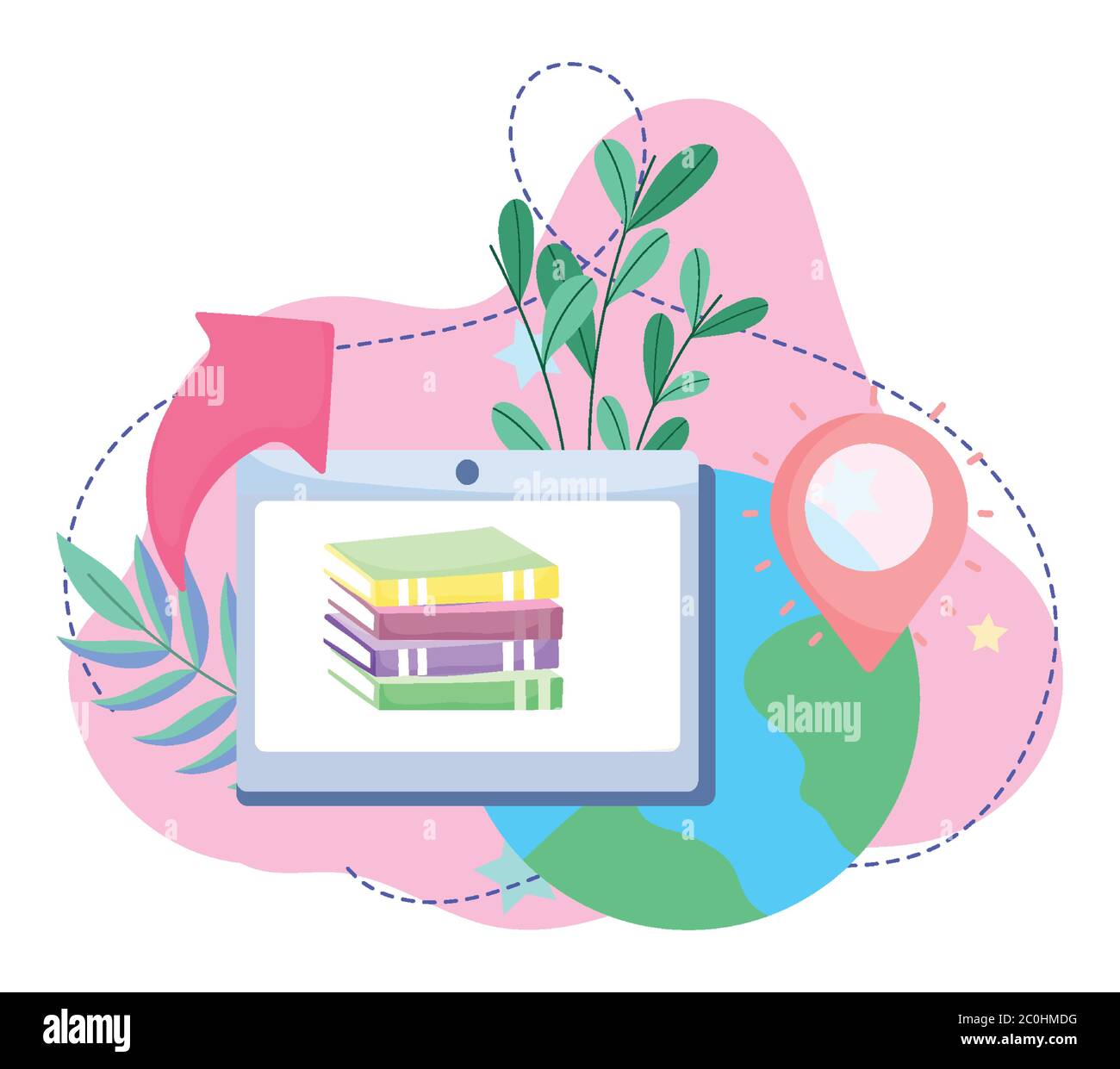 online education, tablet computer and books studying, website and ...