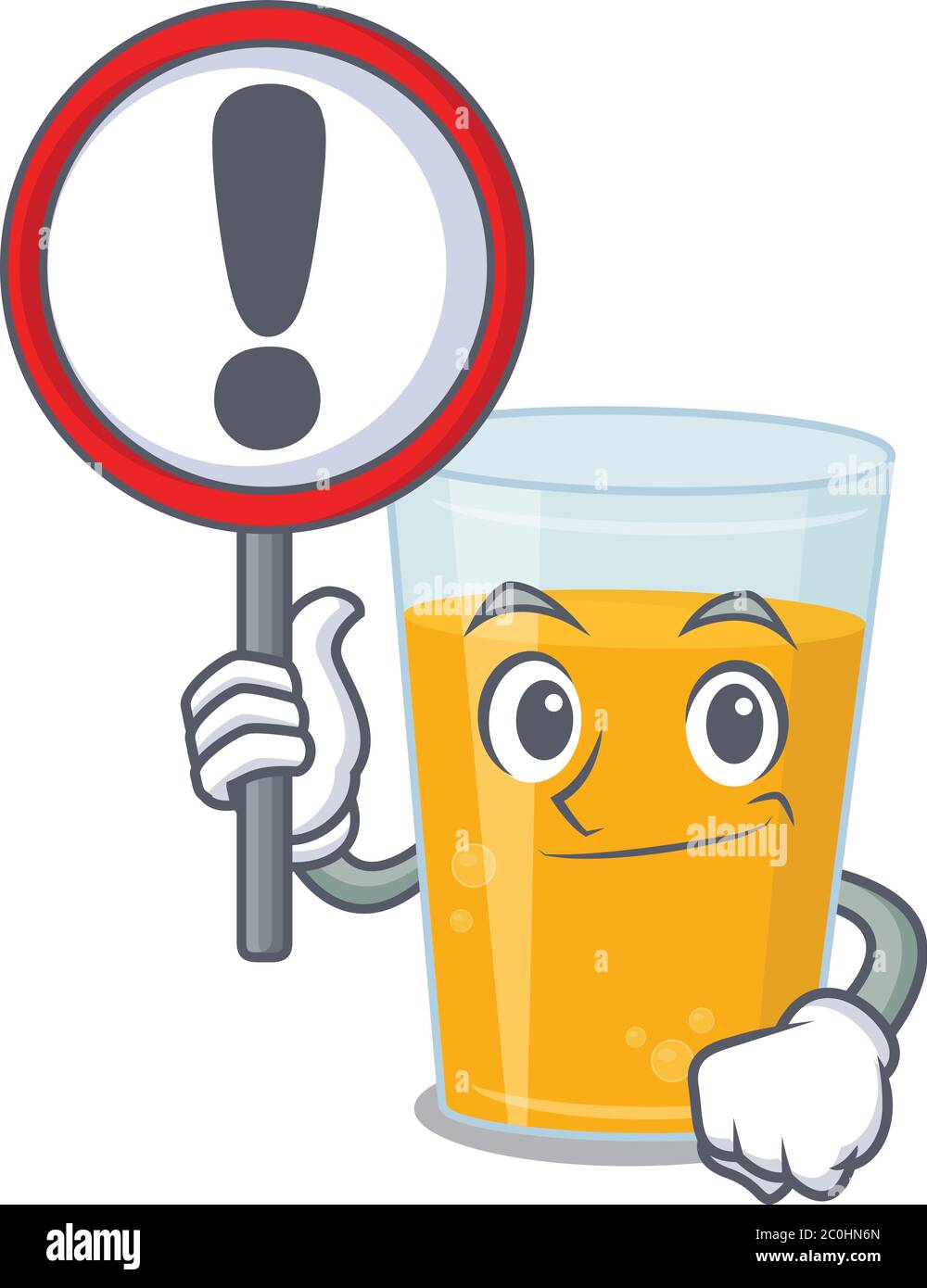 A cartoon icon of glass of orange juice with a exclamation sign board ...