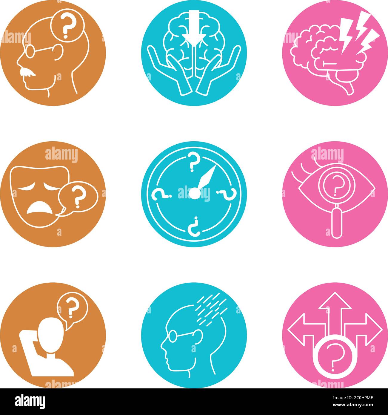 alzheimer disease, decrease in mental human ability icons set vector ...