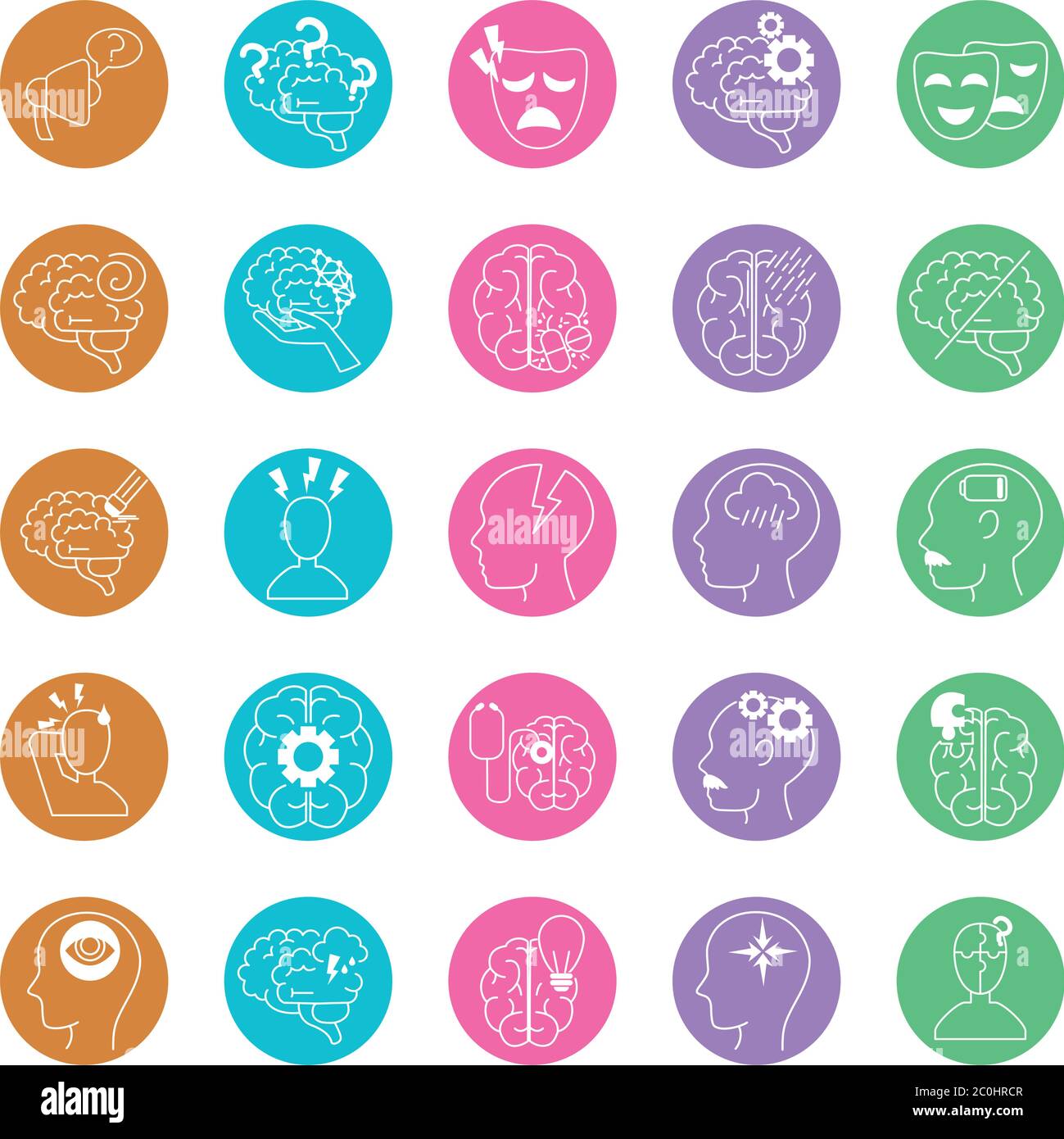 alzheimer disease, decrease in mental human ability icons set vector ...