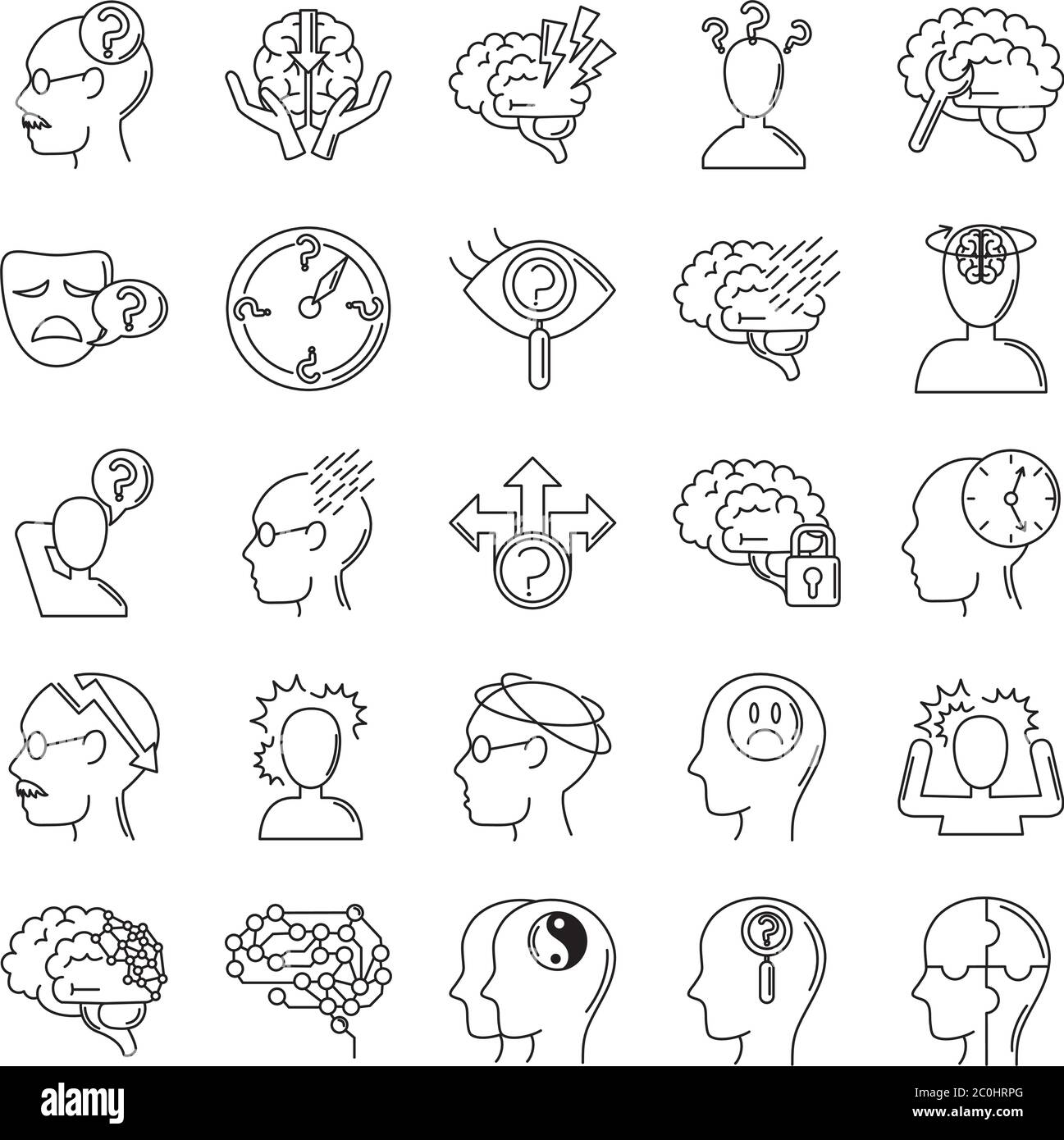 alzheimer disease, decrease in mental human ability icons set vector ...