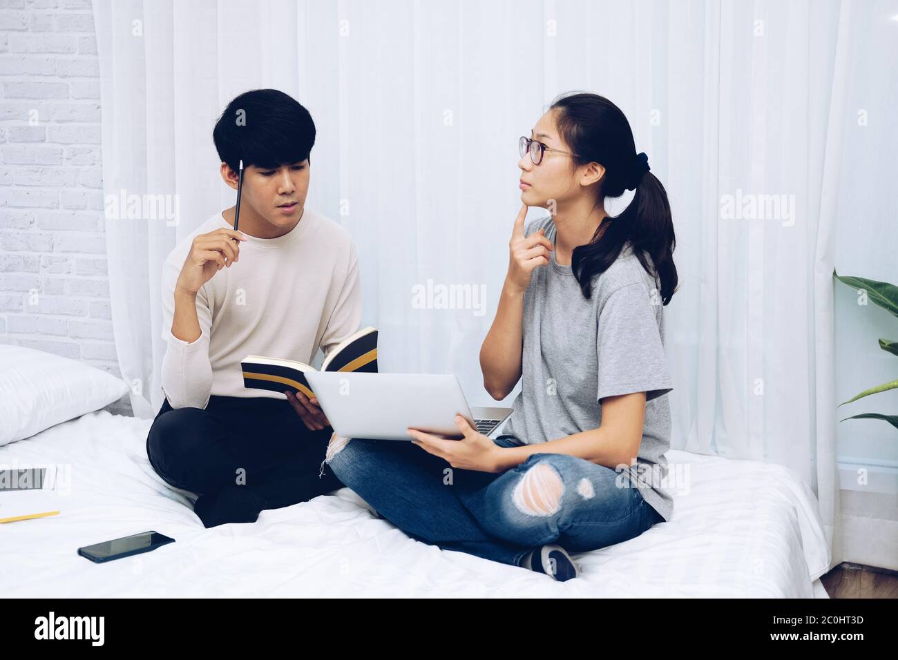 man woman friends students listen lecture studying learning online ...