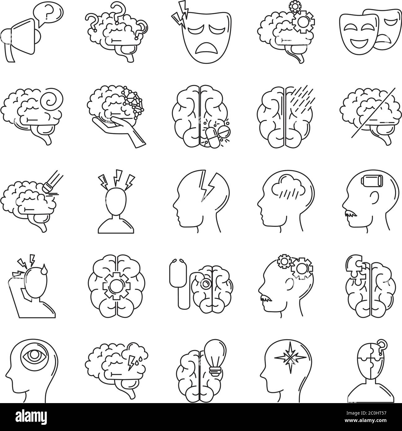 alzheimer disease, decrease in mental human ability icons set vector ...