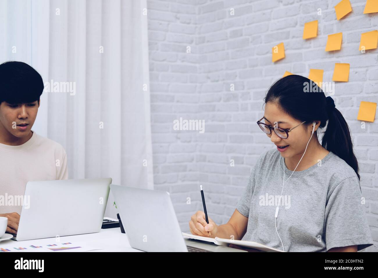 Man Woman Colleagues Using Computer Startup Teamwork Coworking Team Working At Home Office