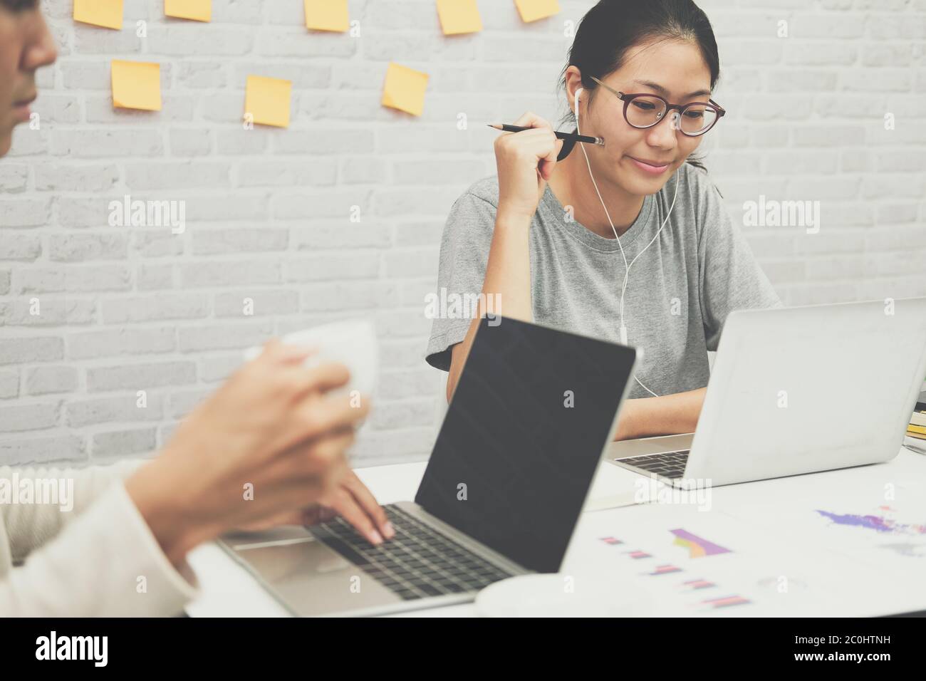 Man Woman Colleagues Using Computer Startup Teamwork Coworking Team Working At Home Office