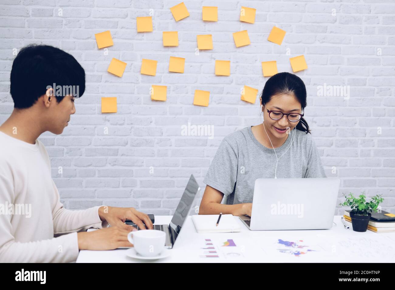 Man Woman Colleagues Using Computer Startup Teamwork Coworking Team Working At Home Office