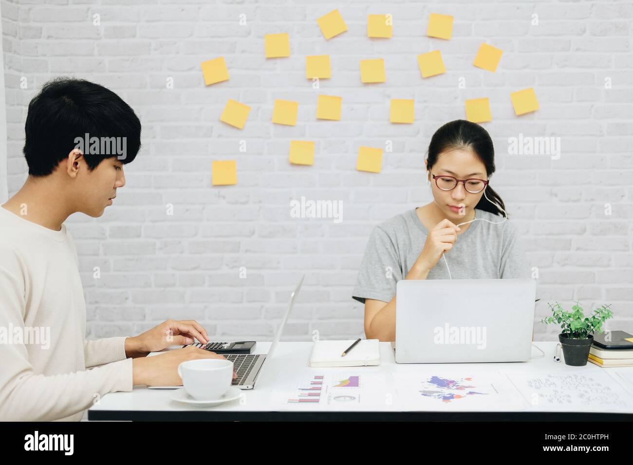 Man Woman Colleagues Using Computer Startup Teamwork Coworking Team Working At Home Office