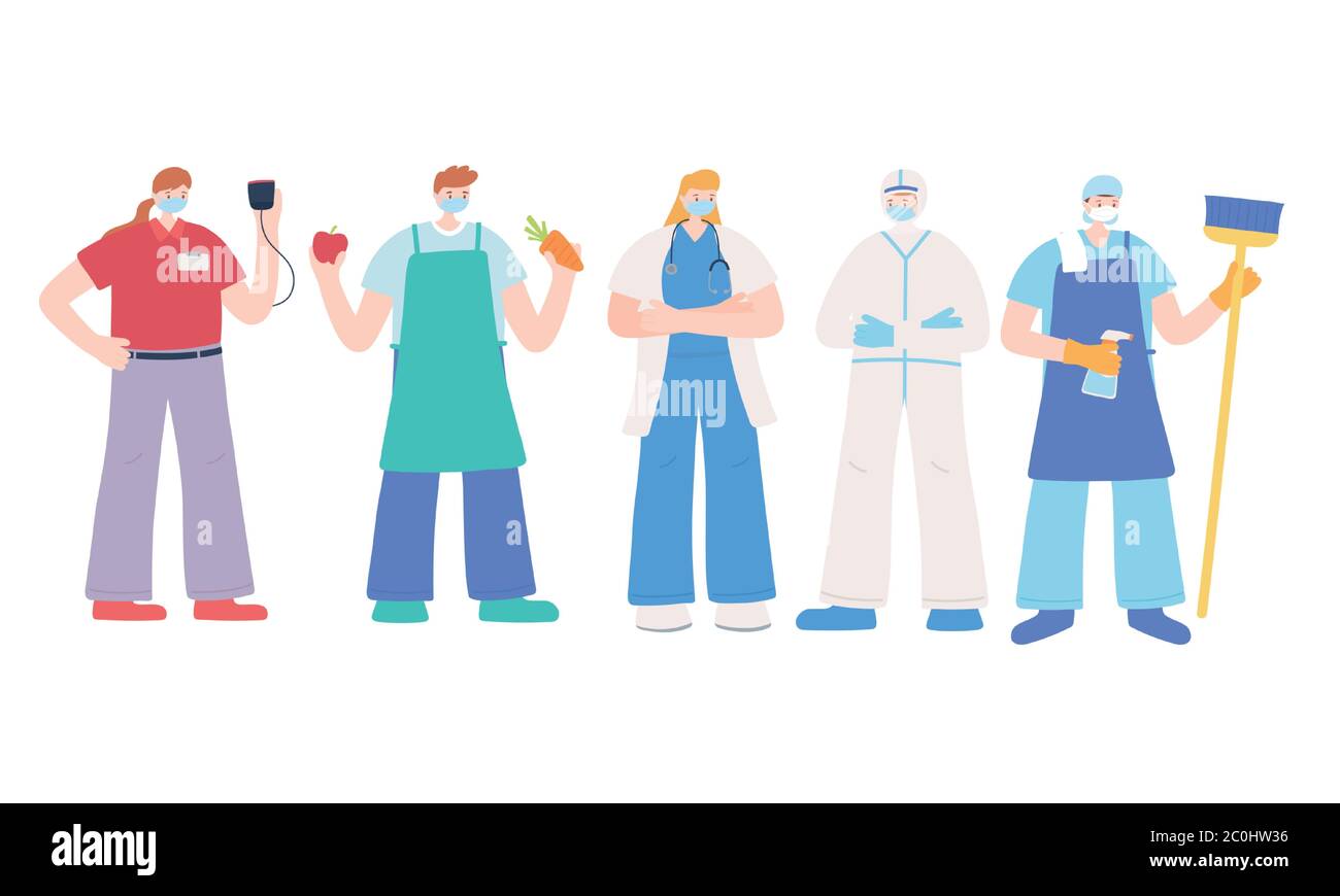 thank you essential workers, team employees cartoon character, wearing ...