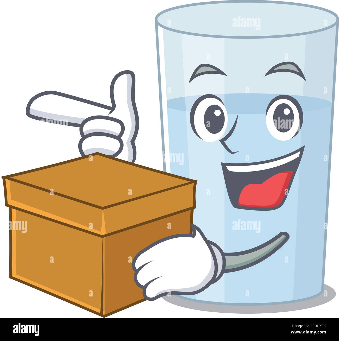 A cheerful glass of water cartoon design concept having a box Stock ...