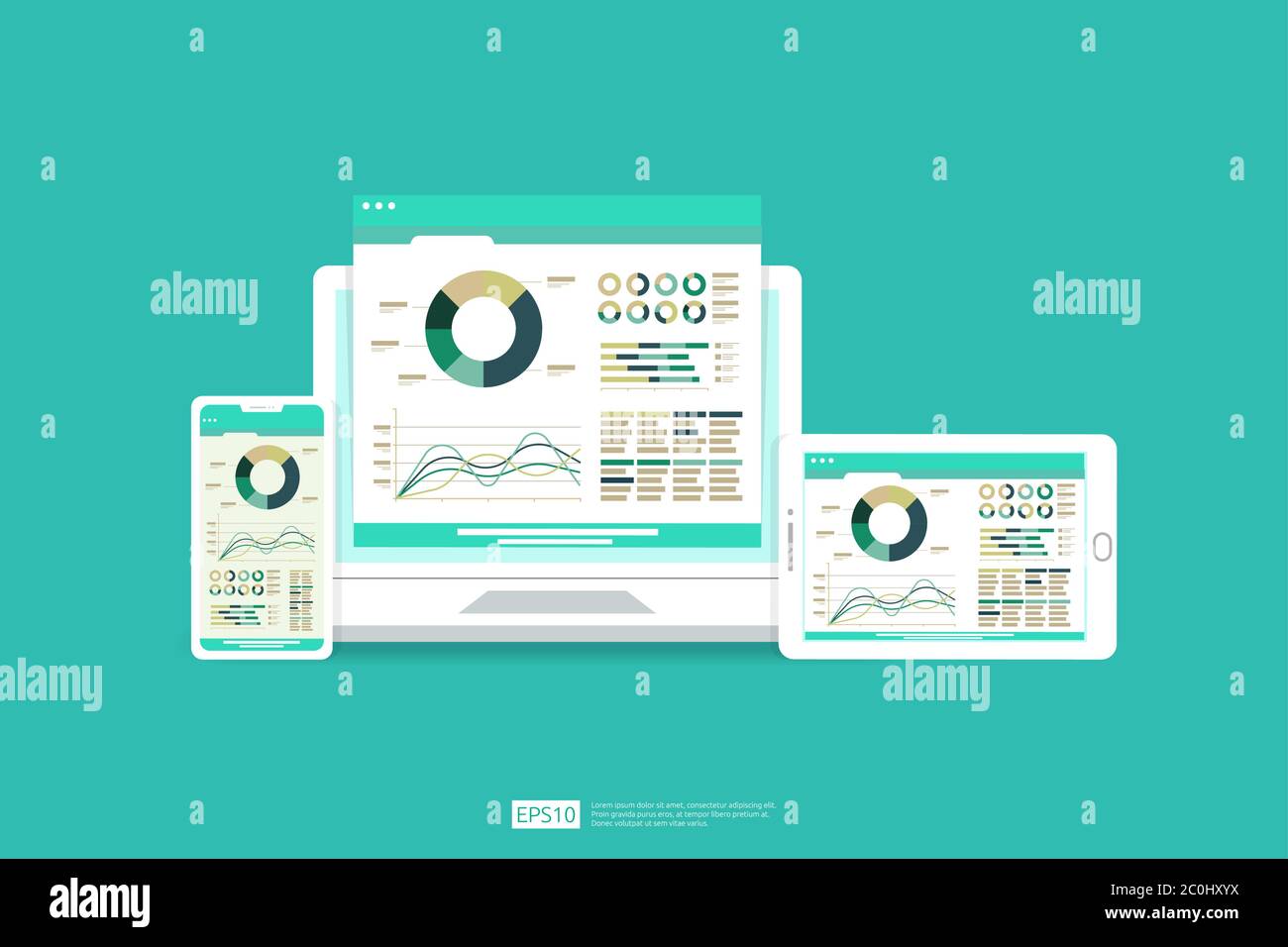 Web statistics analytic charts on laptop device screen. Flat vector ...