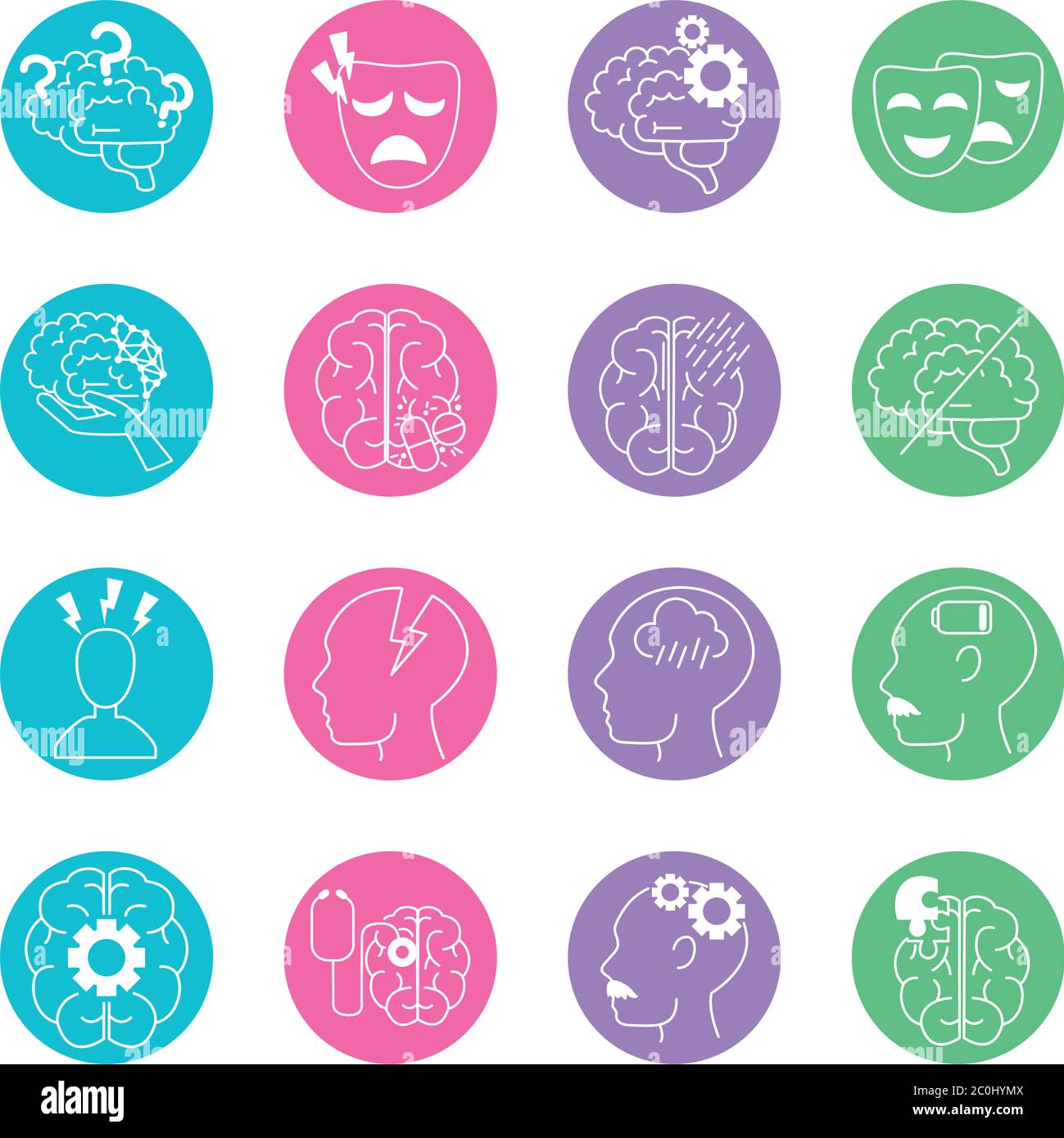 alzheimer disease, decrease in mental human ability icons set vector ...