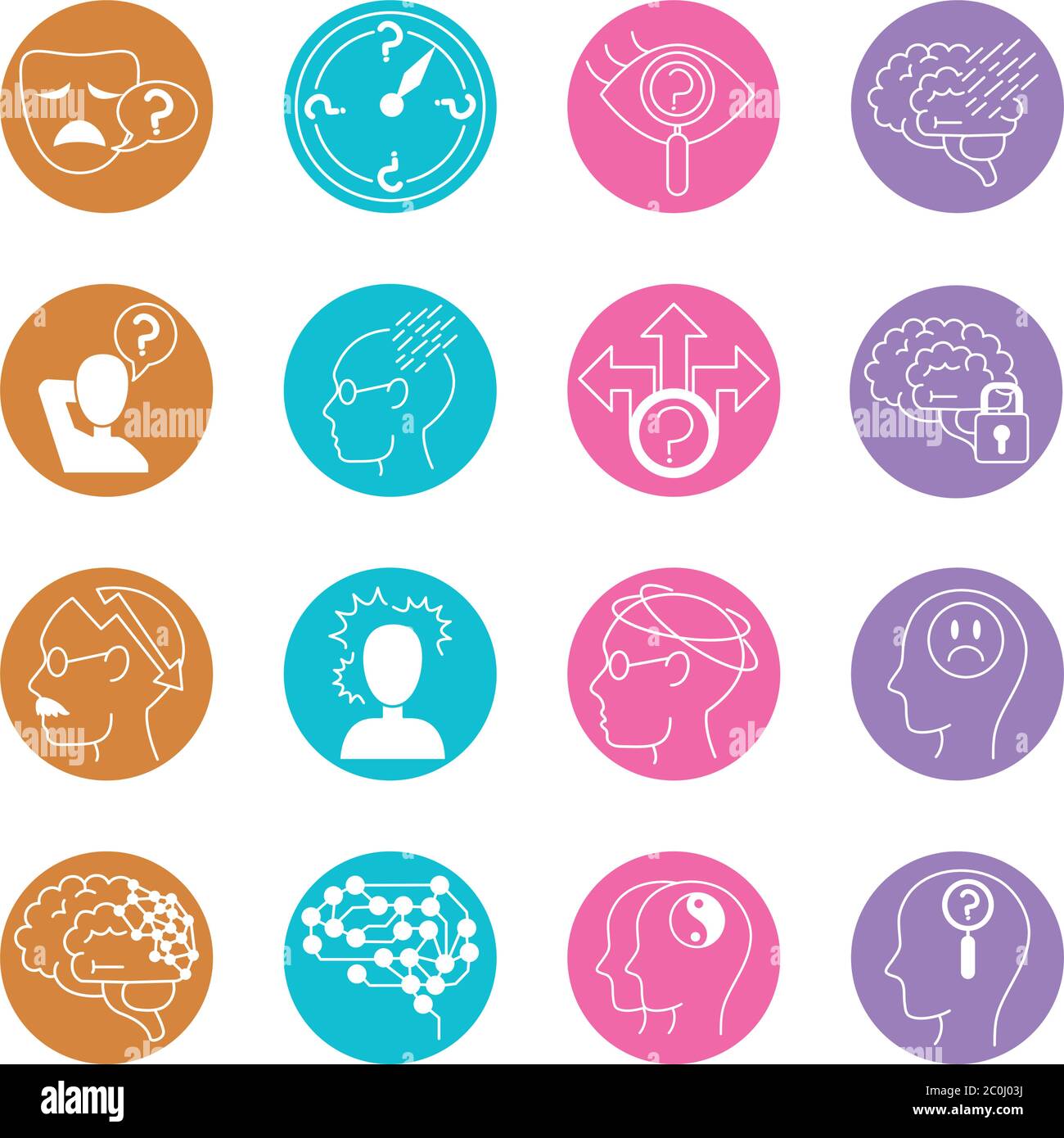 alzheimer disease, decrease in mental human ability icons set vector ...