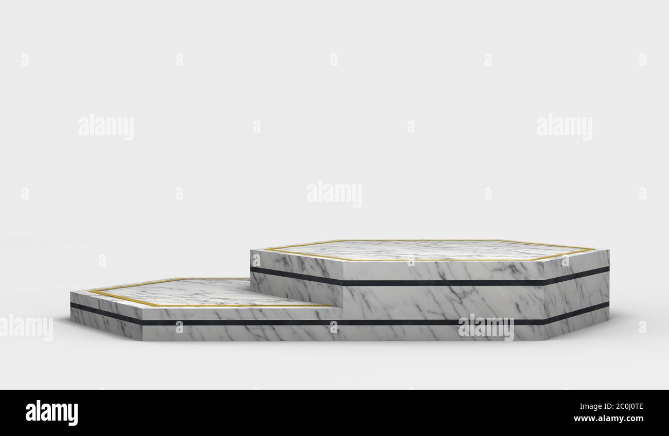 Modern empty hexagonal marble pedestal with black borders and two ...