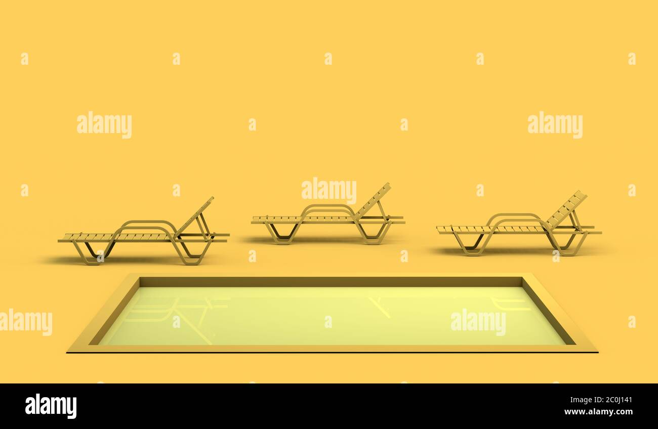 Sun loungers in pool on pastel yellow background. Summer and vacation ...