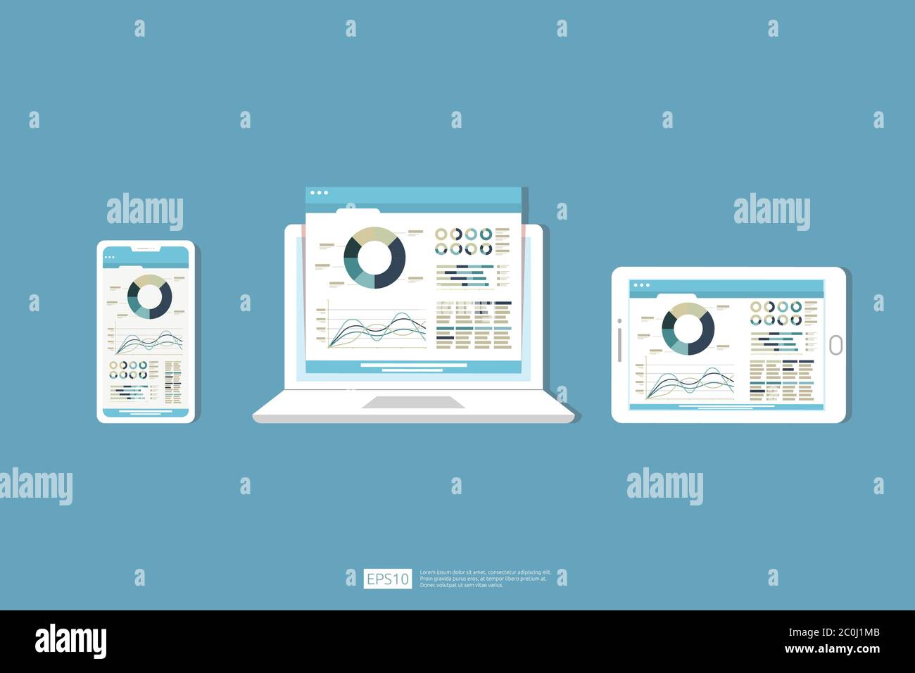 Web statistics analytic charts on laptop device screen. Flat vector ...