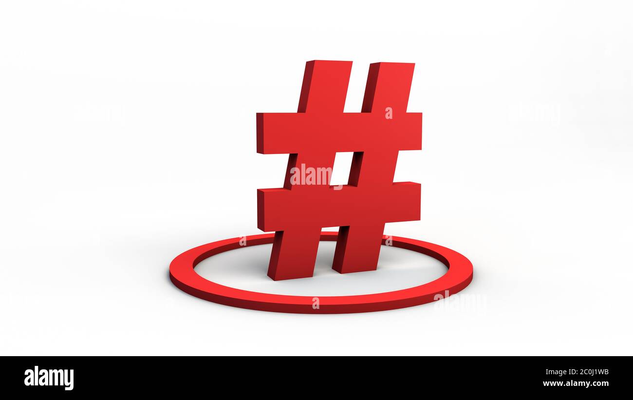 Red hash symbol inside circle. 3D illustration. White neutral ...
