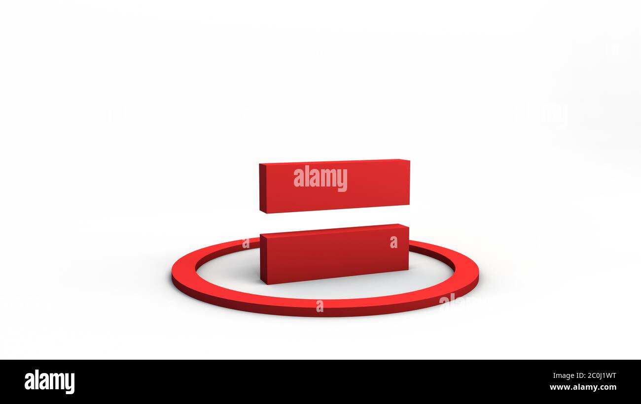 Red equal symbol inside circle. 3D illustration. White neutral ...