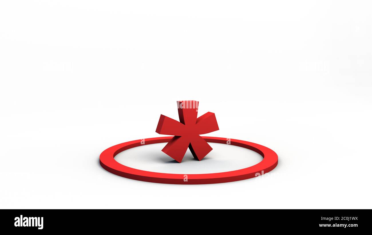 Red asterisk symbol inside circle. 3D illustration. White neutral background. Isolated Stock ...