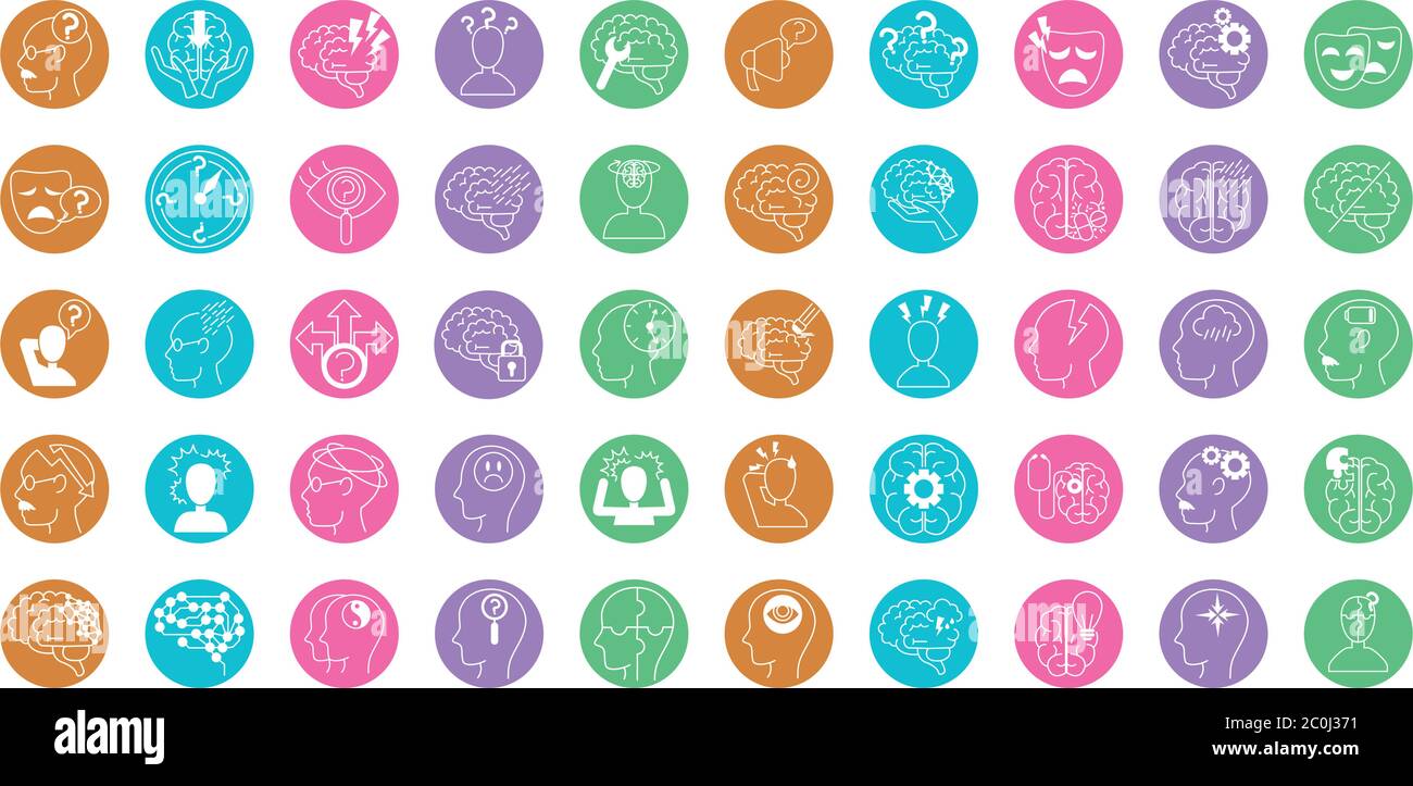 alzheimer disease, decrease in mental human ability icons set vector ...