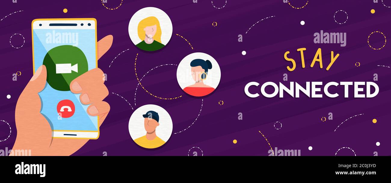 Stay connected banner illustration of people hand holding smart phone ...
