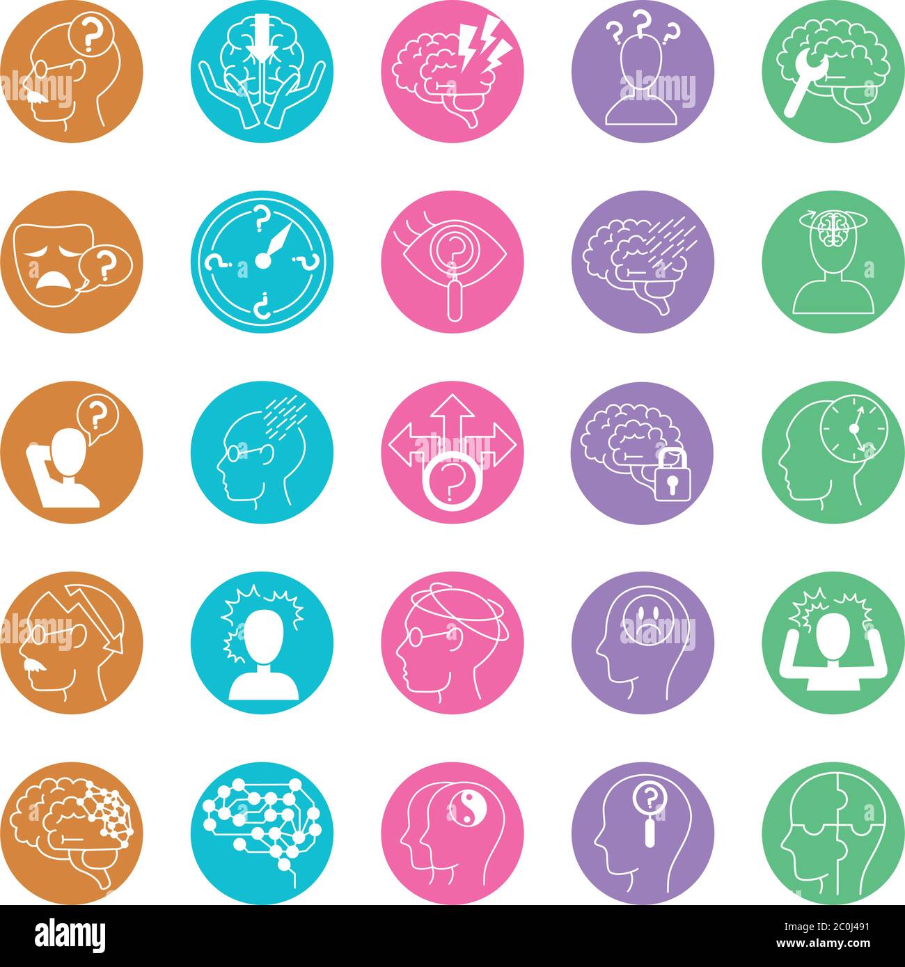 alzheimer disease, decrease in mental human ability icons set vector ...