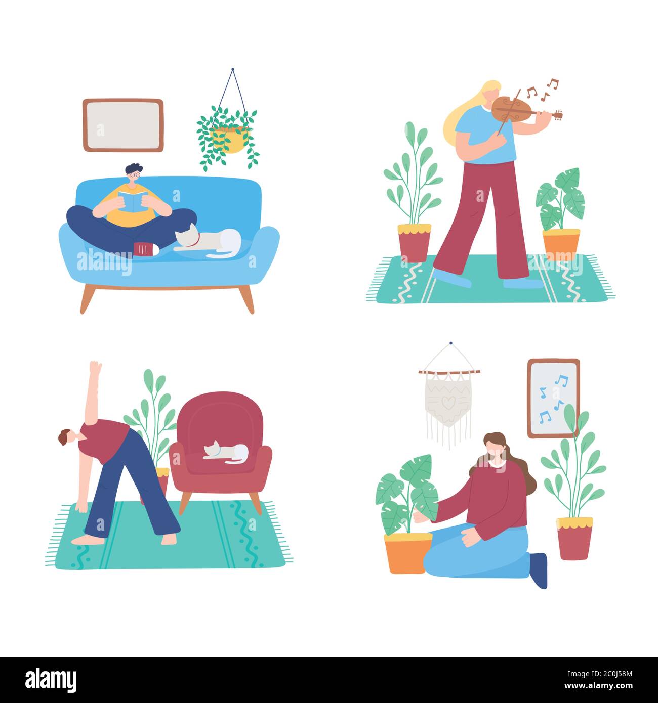 stay at home, people different activities, self isolation, quarantine ...