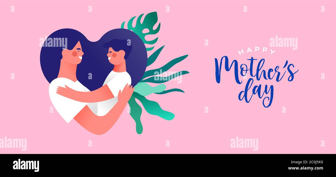 Happy mother's day greeting card illustration of mom hugging boy child ...