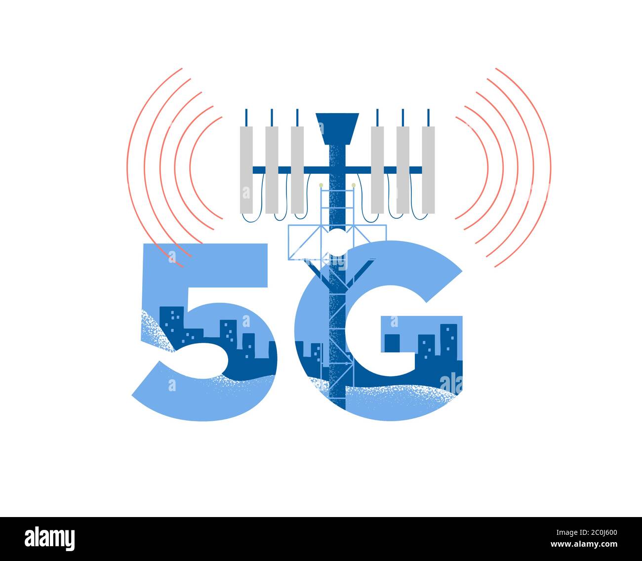 5G tower wave radiation illustration on isolated white background ...