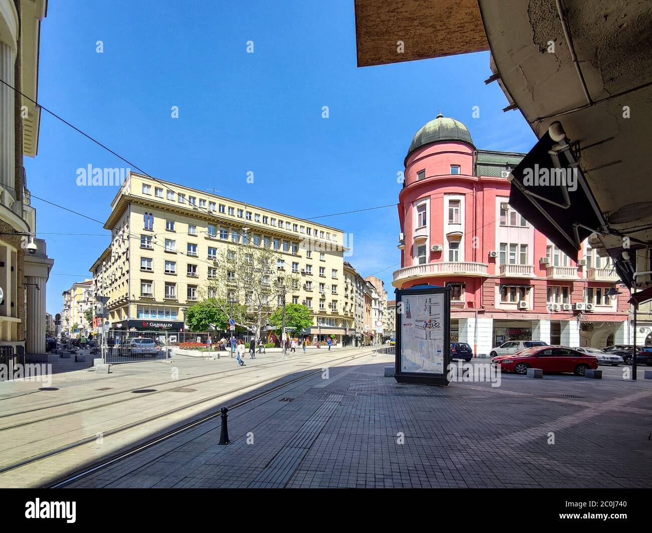 SOFIA, BULGARIA - MAY 5, 2020: Panorama of Giuseppe Garibaldi square in ...